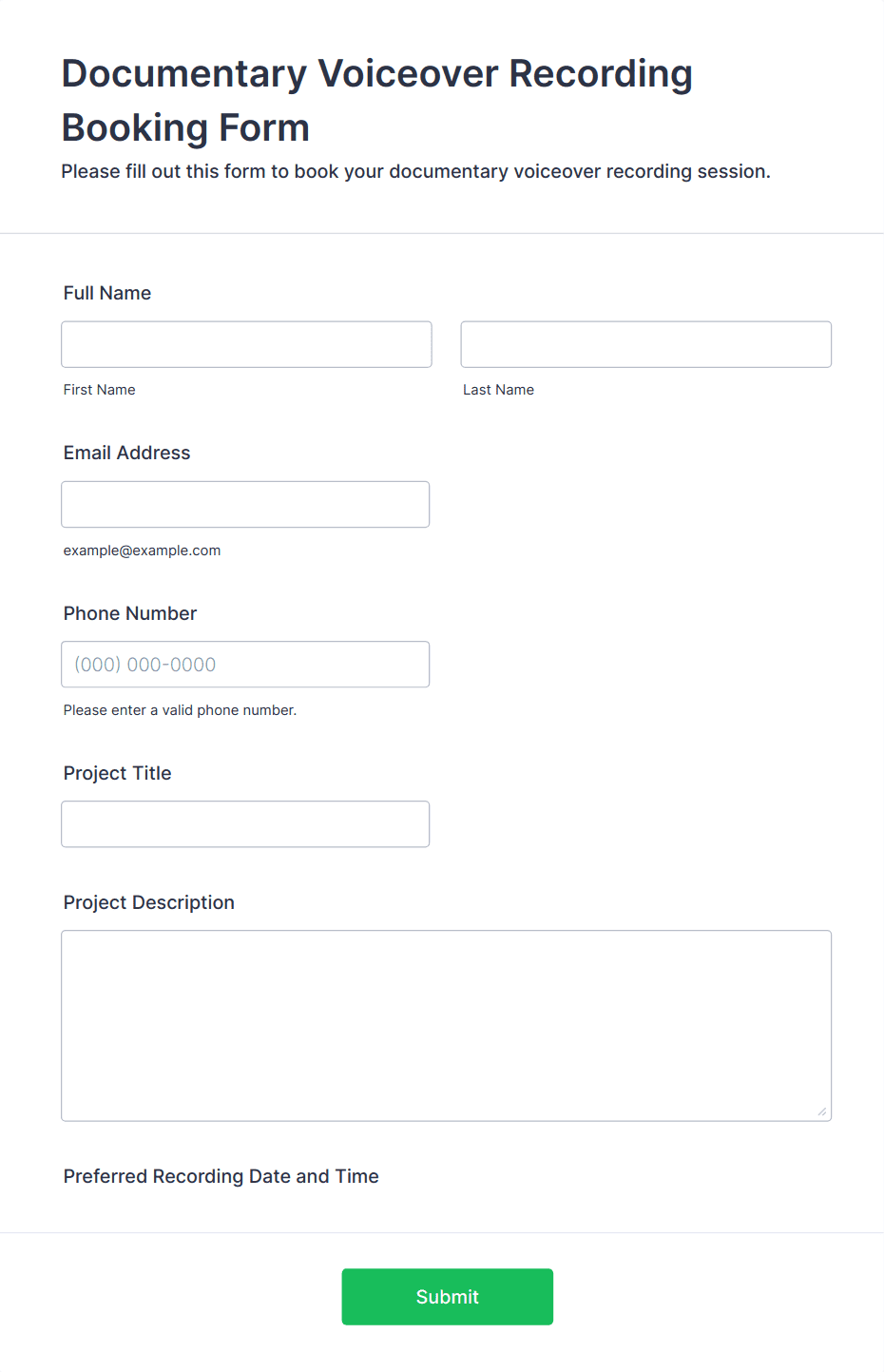 Documentary Voiceover Recording Booking Form Template | Jotform