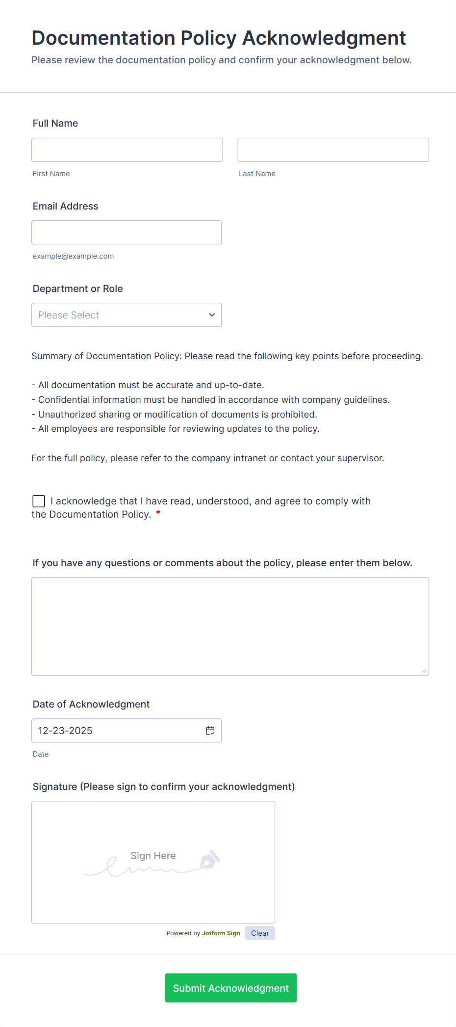 Documentation Policy Acknowledgment Form Template | Jotform