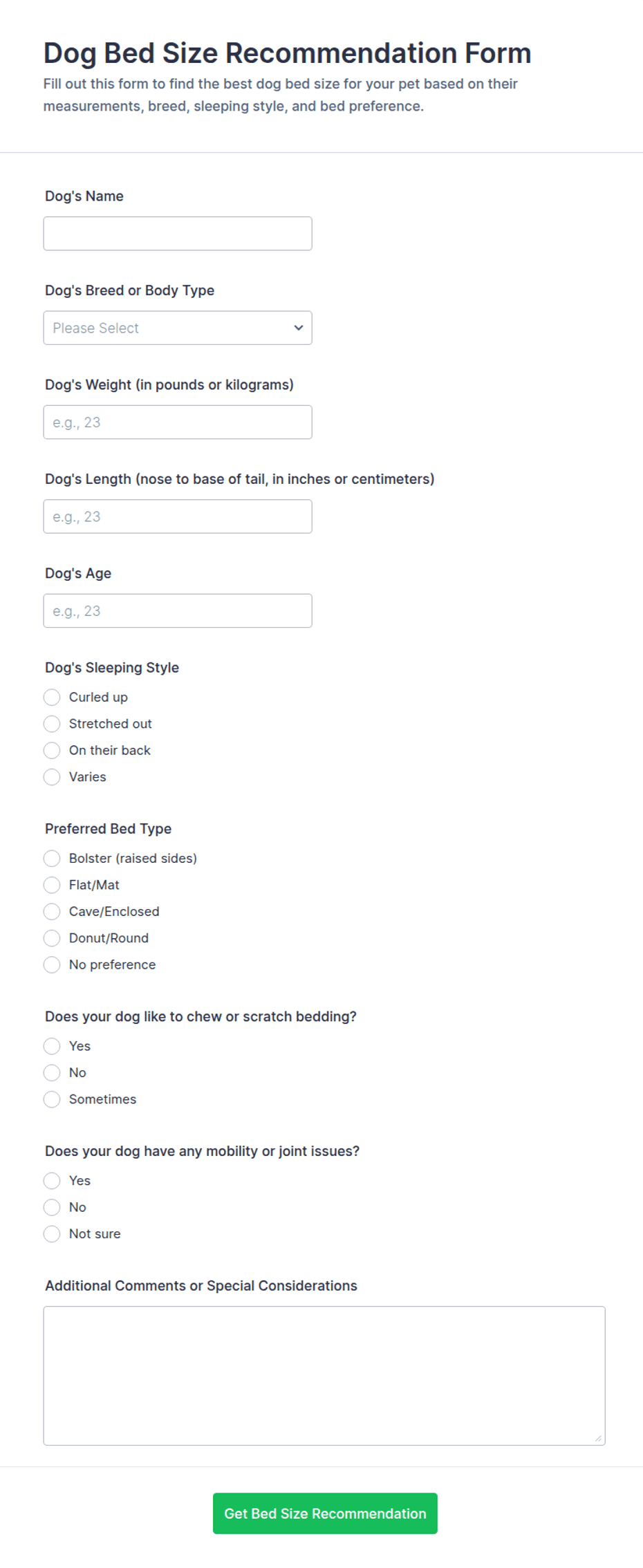 Dog Bed Size Recommendation Form Template | Jotform