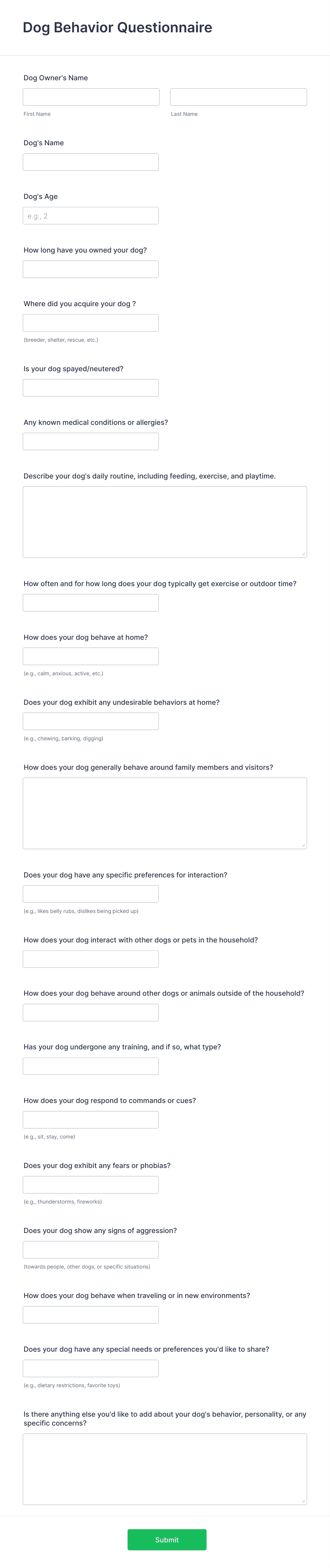 Dog Behavior Questionnaire Form Template | Jotform