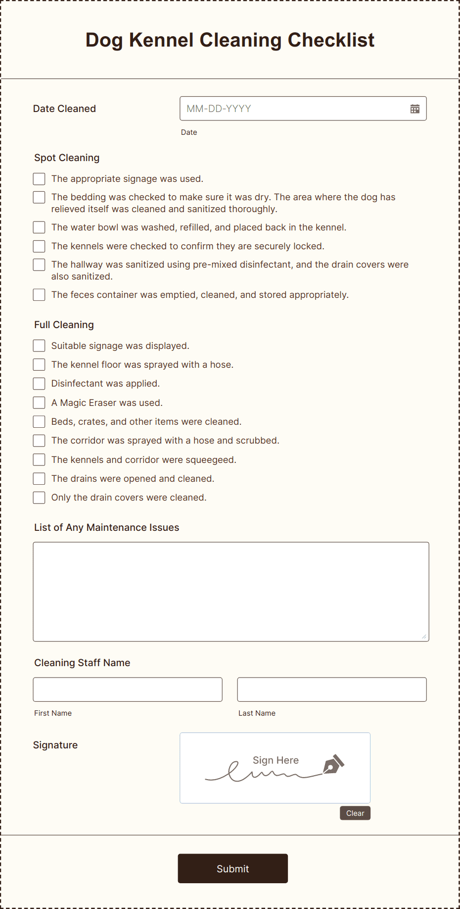 Dog Kennel Cleaning Checklist Form Template | Jotform