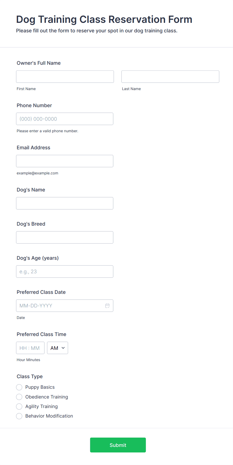 Dog Training Class Reservation Form Template | Jotform