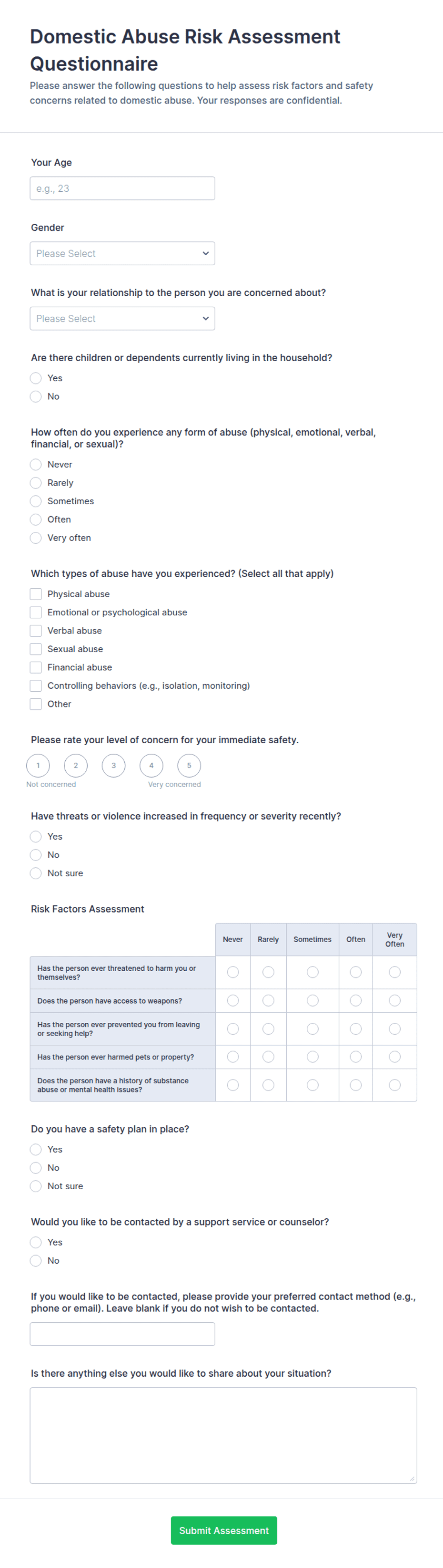Domestic Abuse Risk Assessment Questionnaire Form Template | Jotform