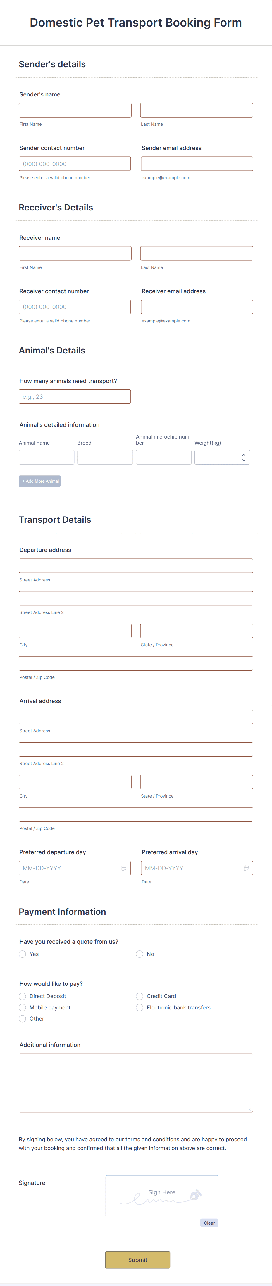 Domestic Pet Transport Booking Form Template | Jotform