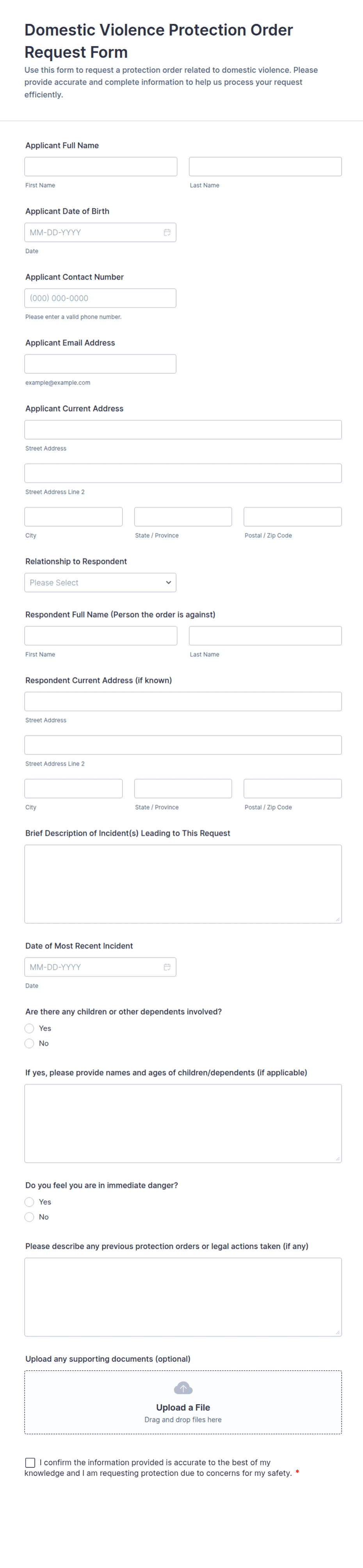 Domestic Violence Protection Order Request Form Template | Jotform