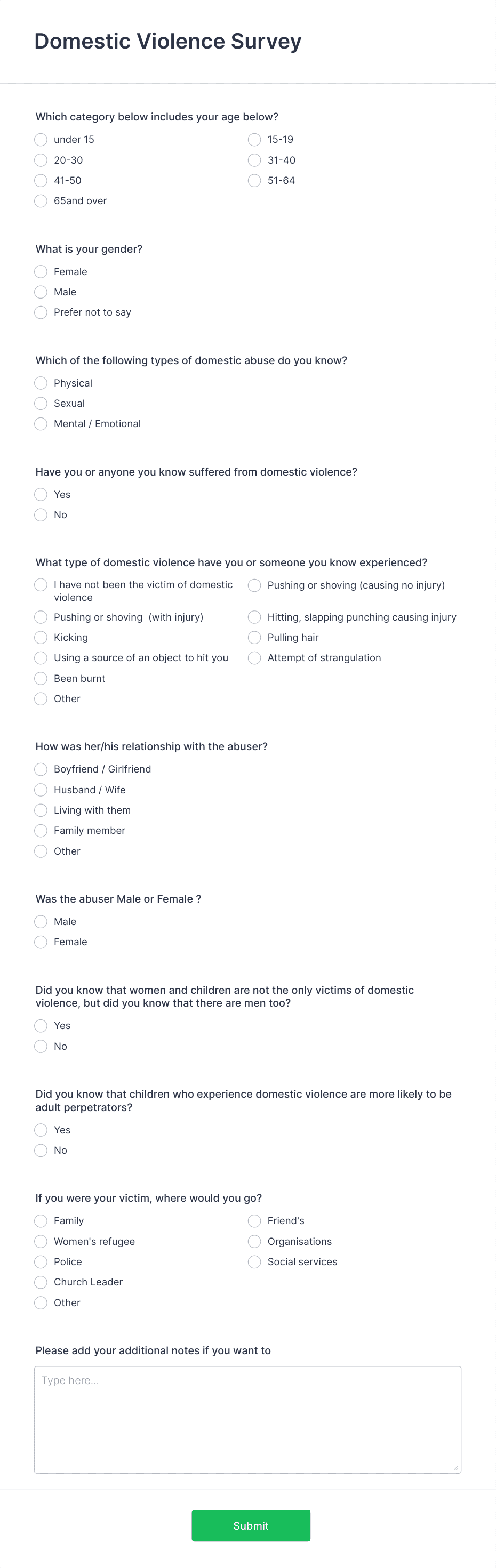 Domestic Violence Survey Form Template | Jotform