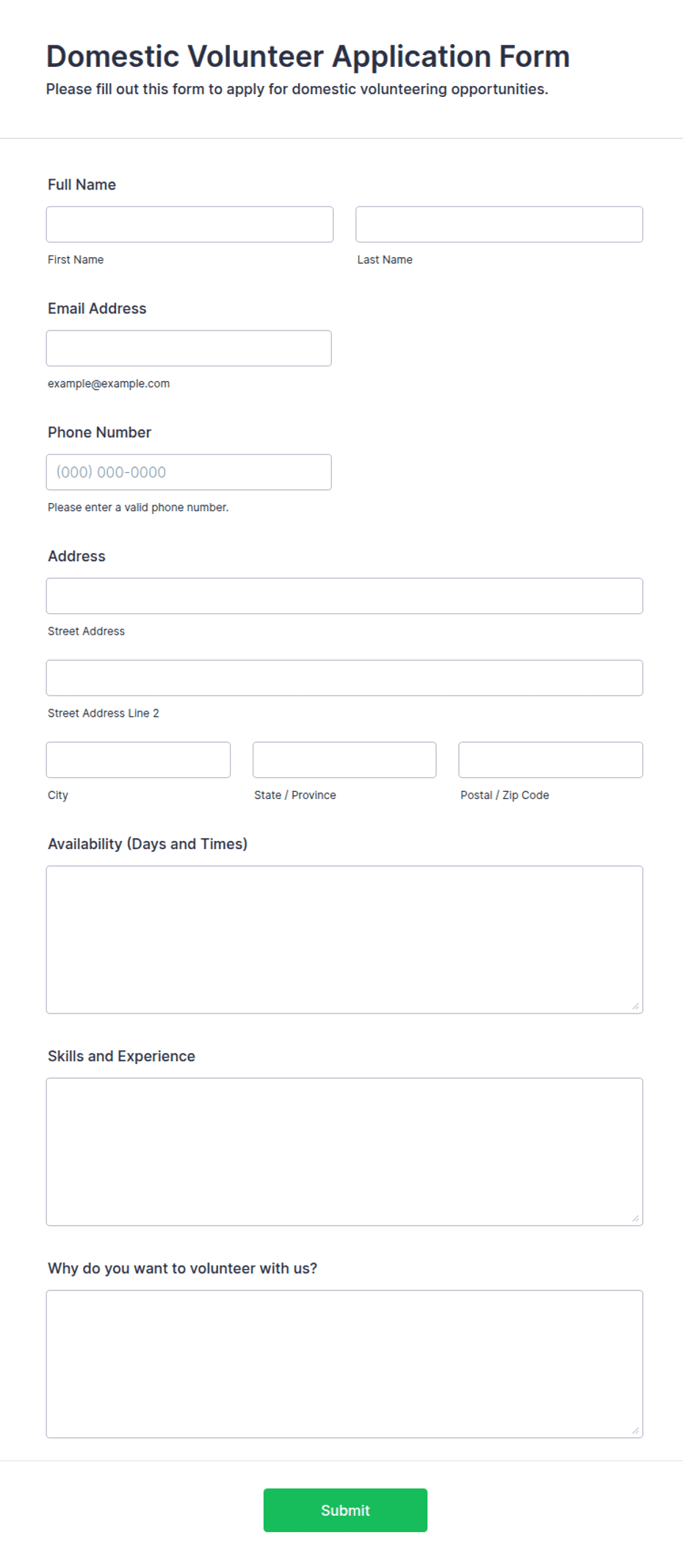 Domestic Volunteer Application Form Template | Jotform