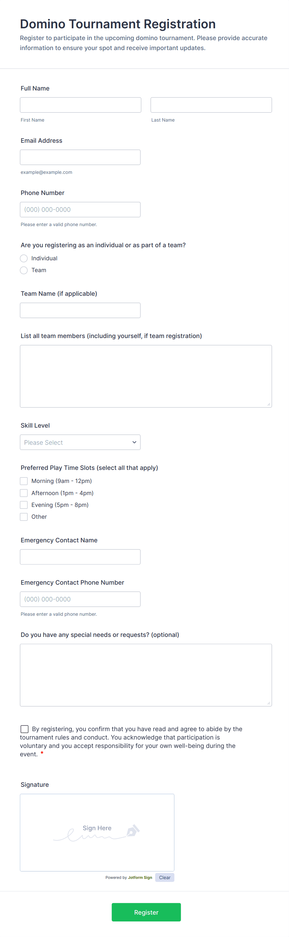 Domino Tournament Registration Form Template | Jotform