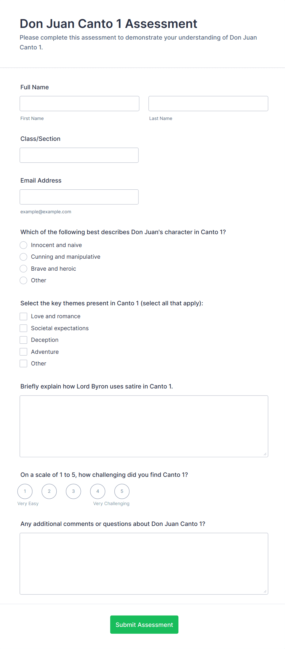 Don Juan Canto 1 Assessment Form Template | Jotform