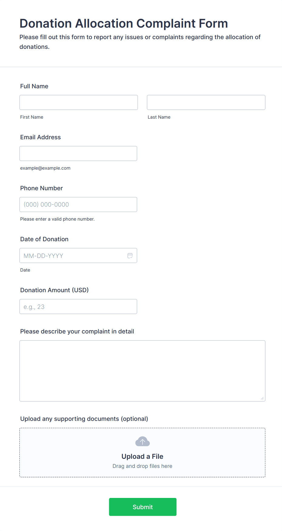 Donation Allocation Complaint Form Template | Jotform