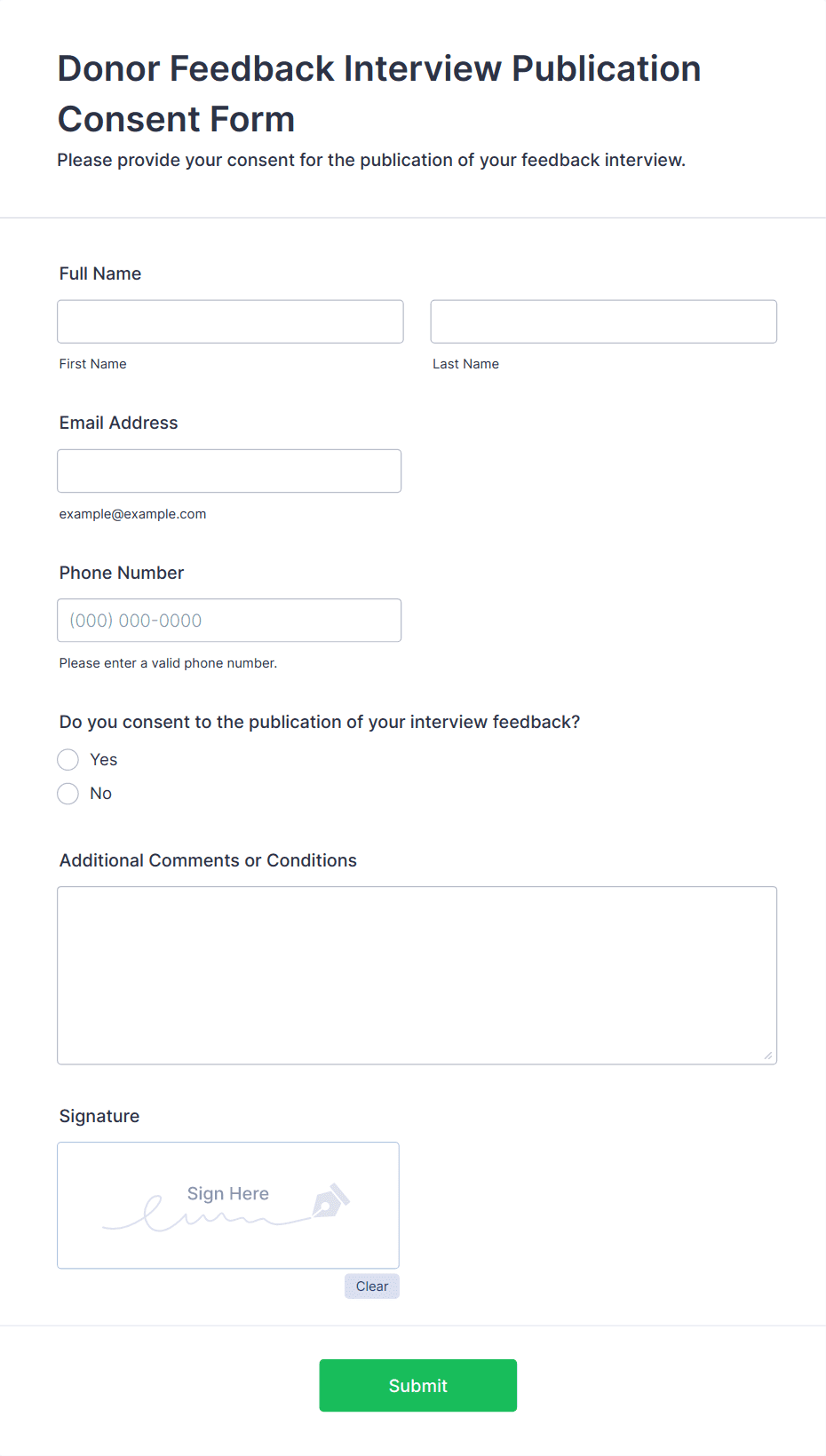 Donor Feedback Interview Publication Consent Form Template | Jotform