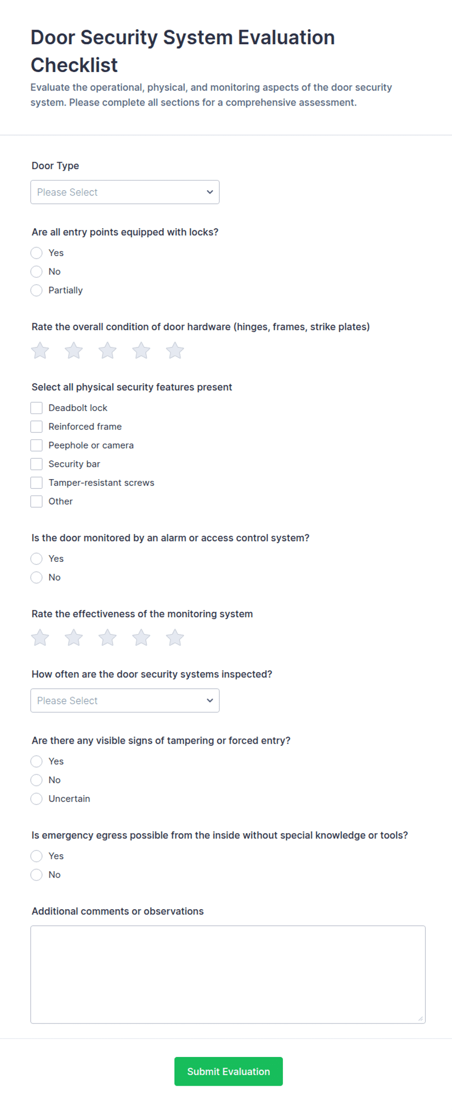 Door Security System Evaluation Checklist Form Template | Jotform