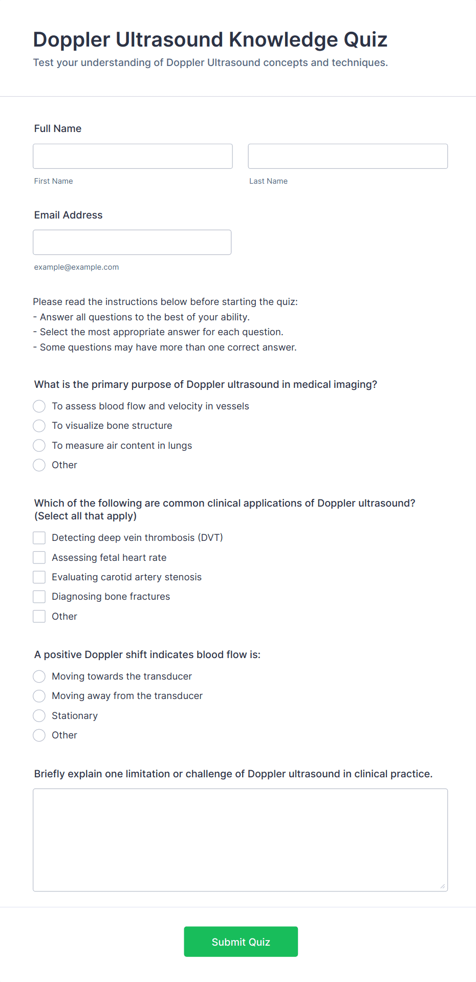 Doppler Ultrasound Knowledge Quiz Form Template | Jotform