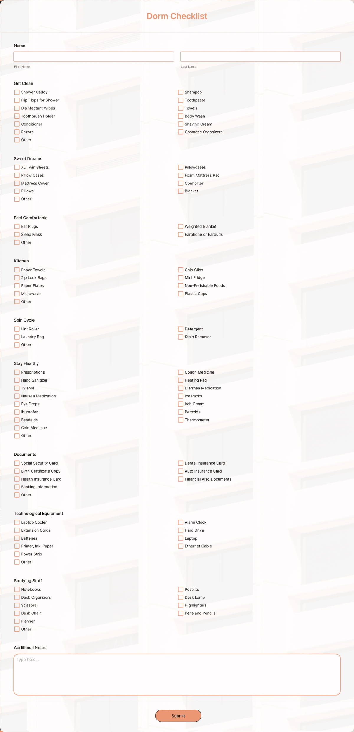 Dorm Checklist Form Template | Jotform