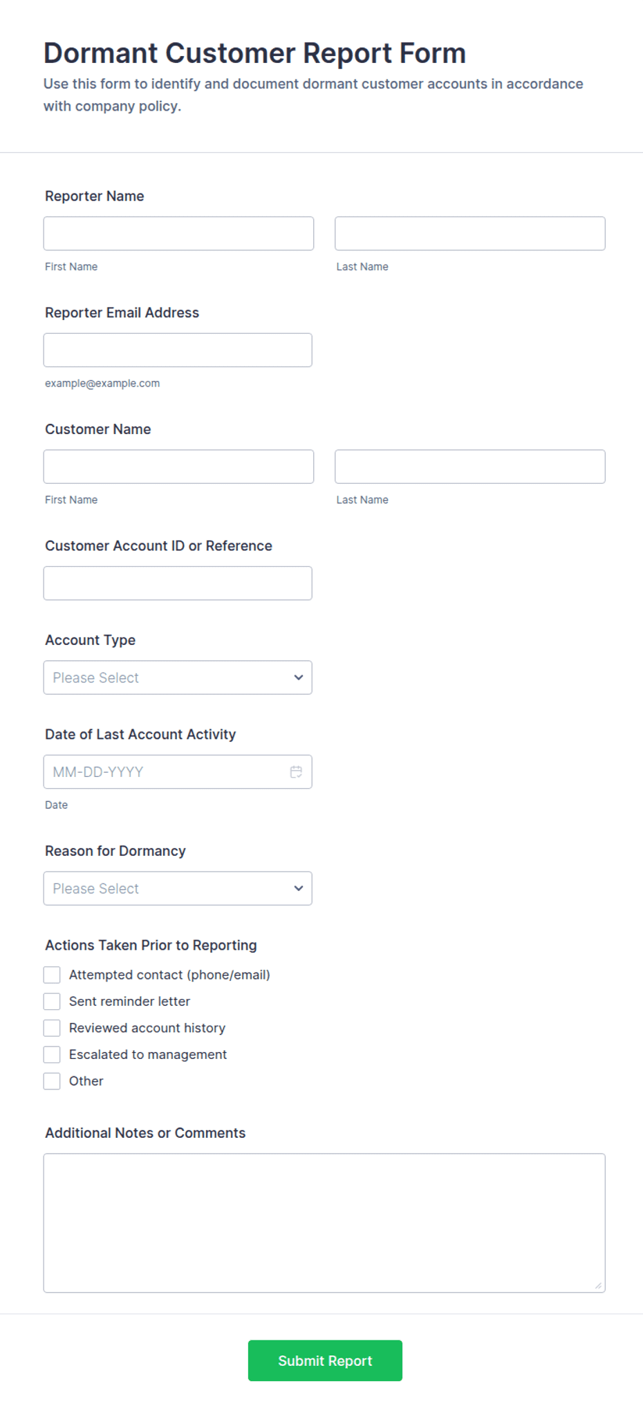 Dormant Customer Report Form Template | Jotform