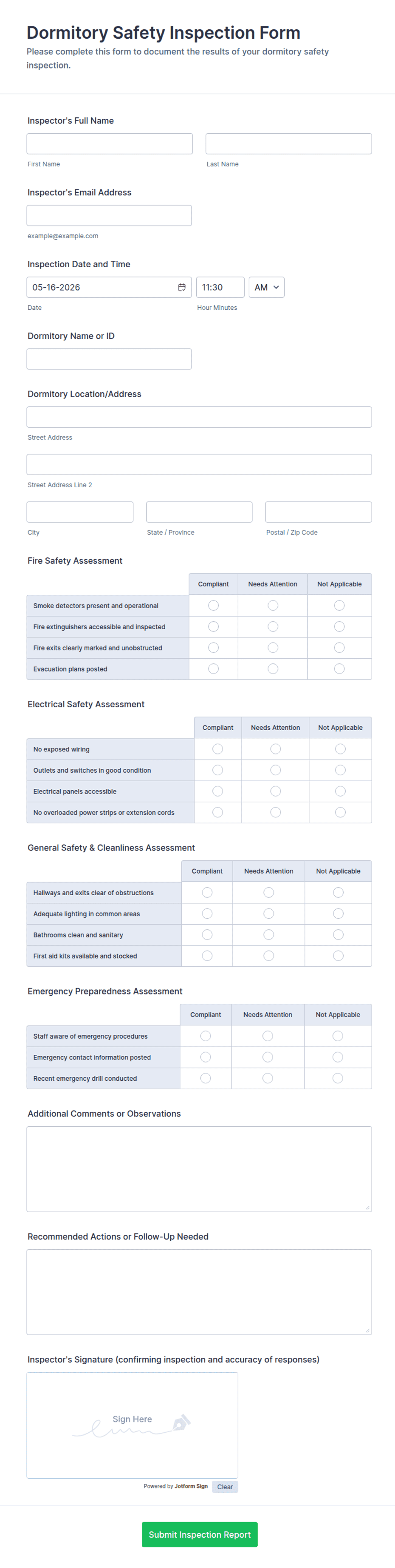 Dormitory Safety Inspection Form Template | Jotform