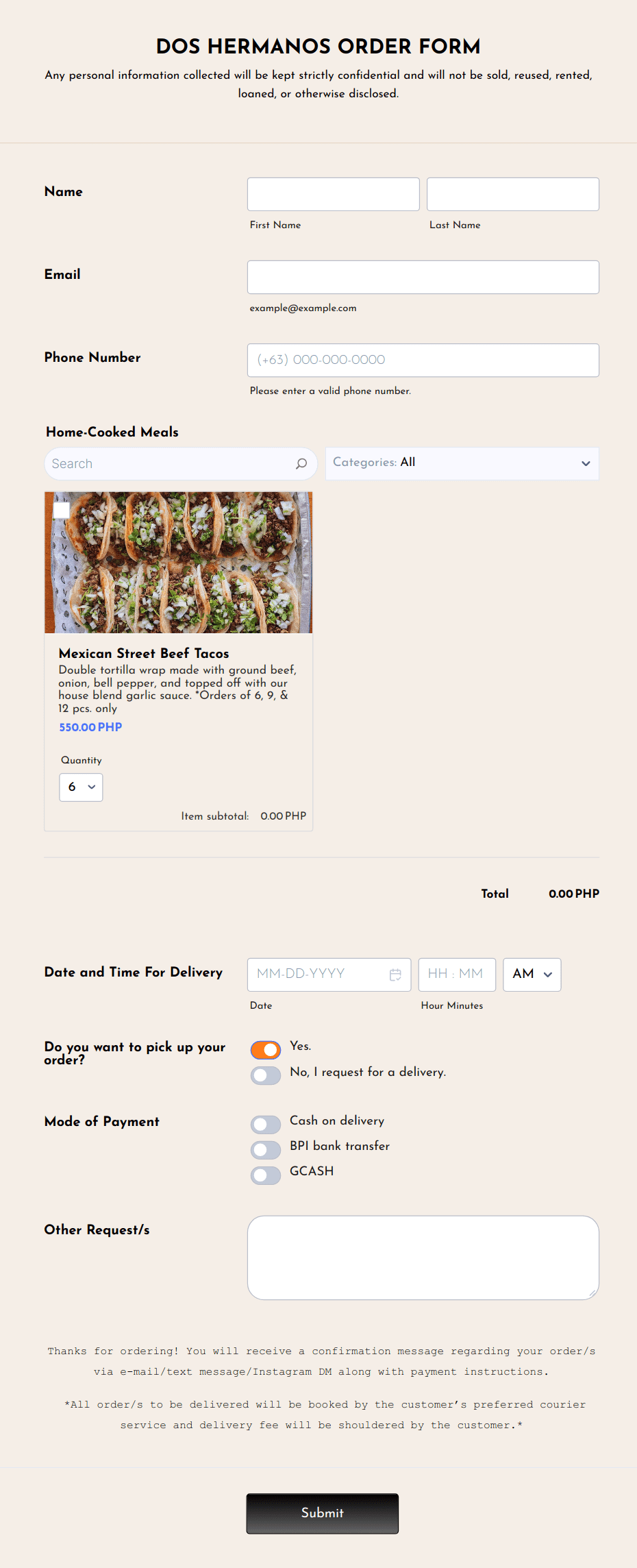 Dos Hermanos Order Form Template | Jotform