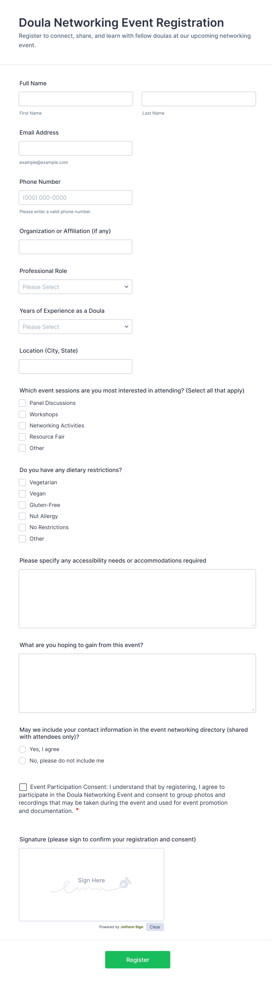 Doula Networking Event Registration Form Template | Jotform