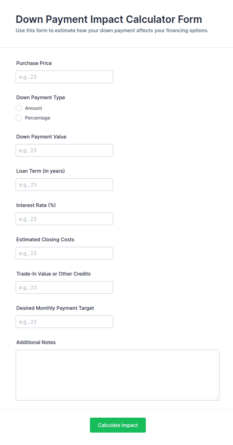 Down Payment Impact Calculator Form Template | Jotform