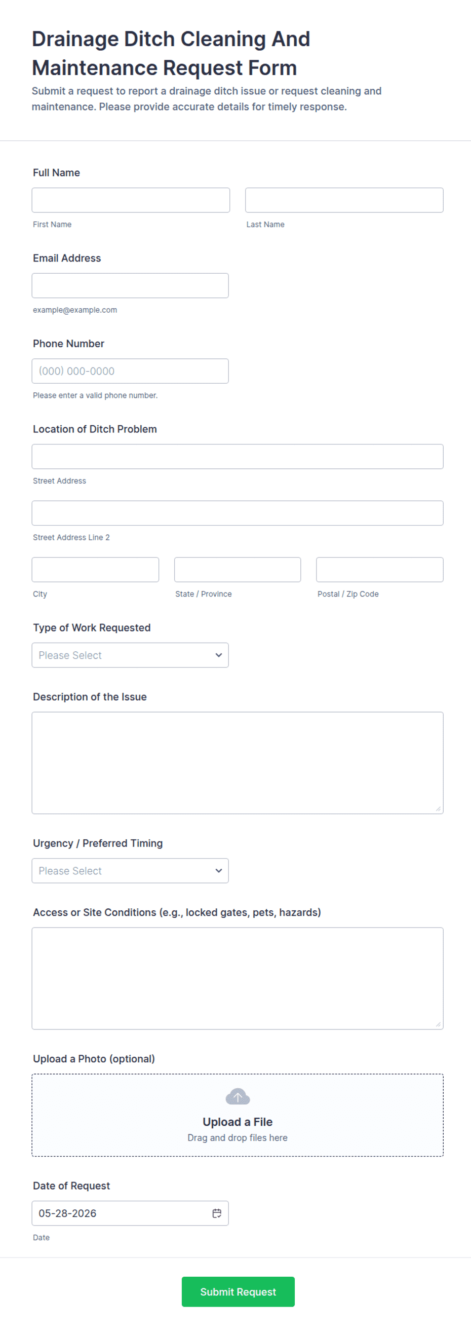 Drainage Ditch Cleaning and Maintenance Request Form Template | Jotform