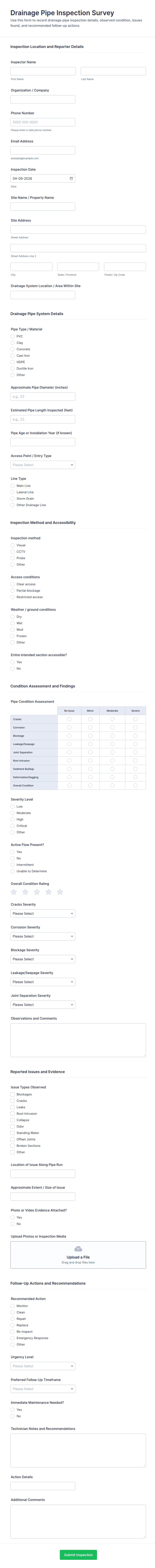 Drainage Pipe Inspection Survey Form Template | Jotform