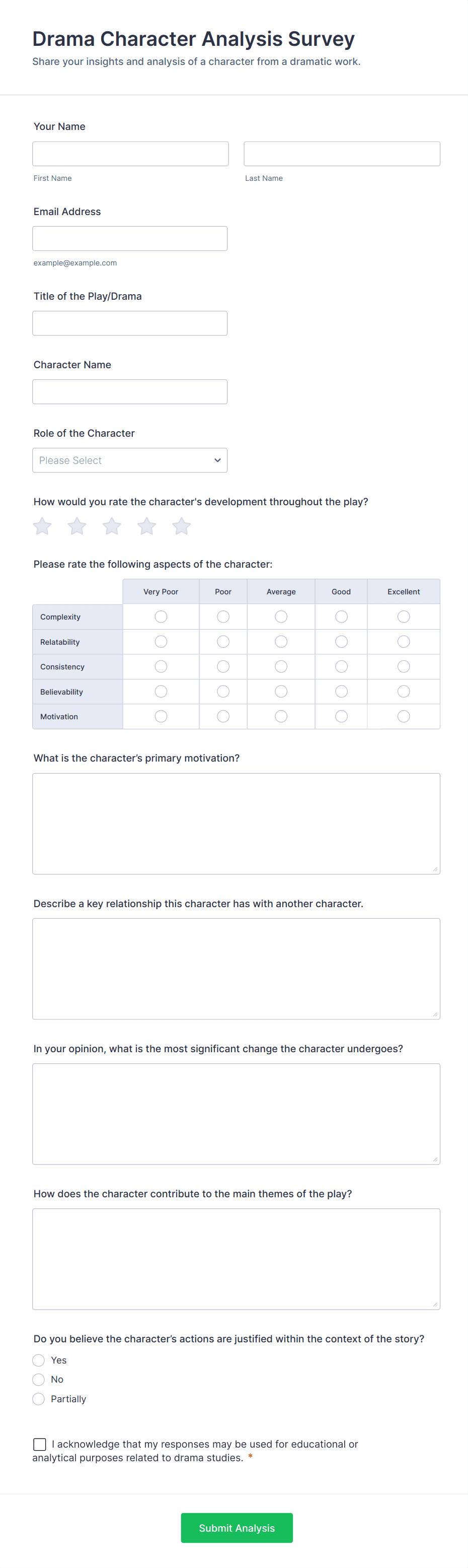 Drama Character Analysis Survey Form Template | Jotform