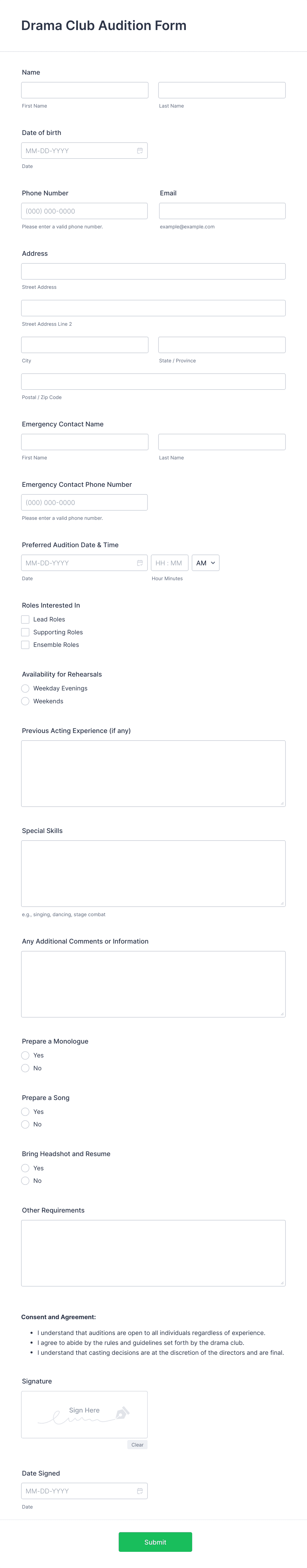 Drama Club Audition Form Template | Jotform