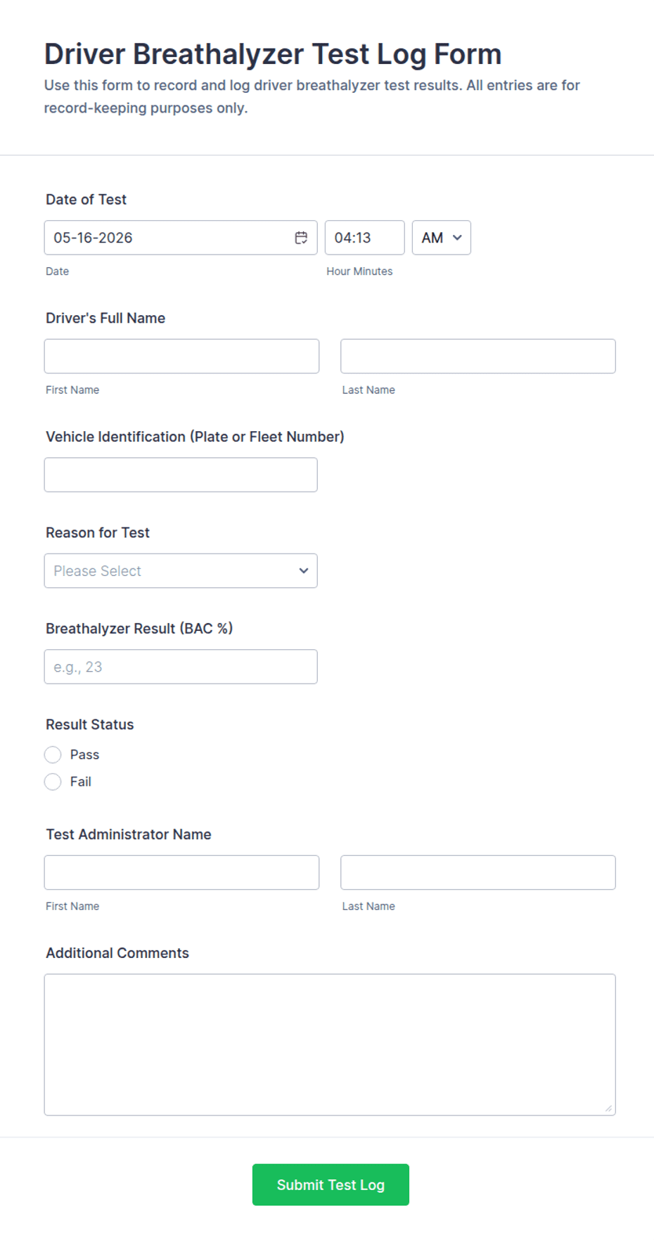 Driver Breathalyzer Test Log Form Template | Jotform
