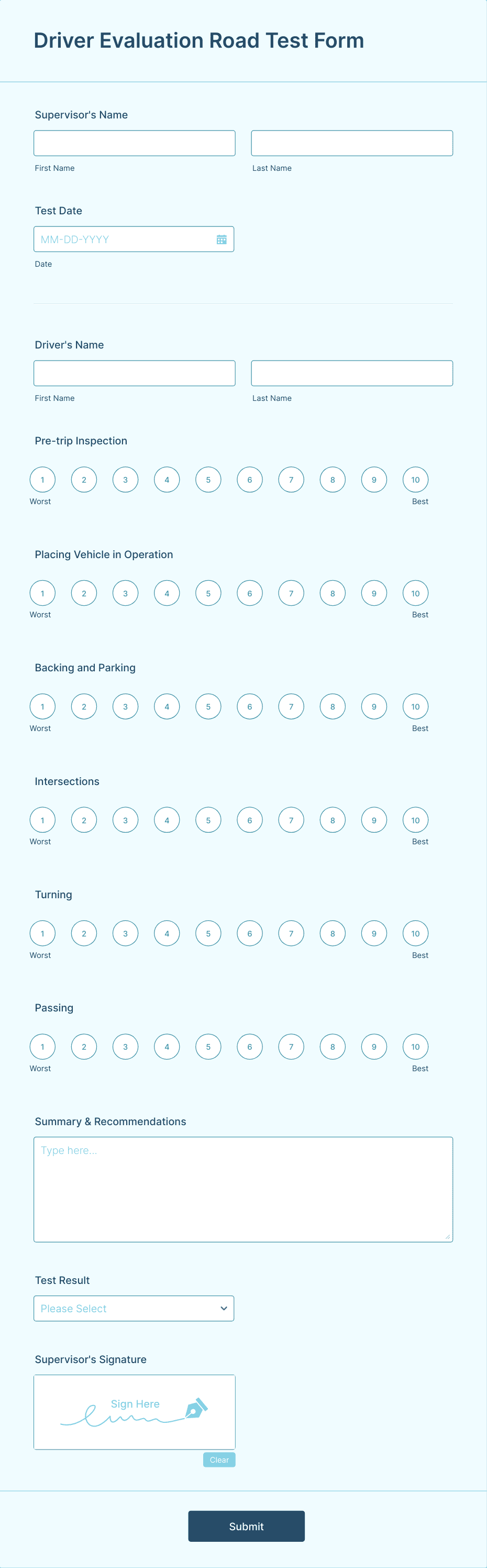 Driver Evaluation Road Test Form Template | Jotform