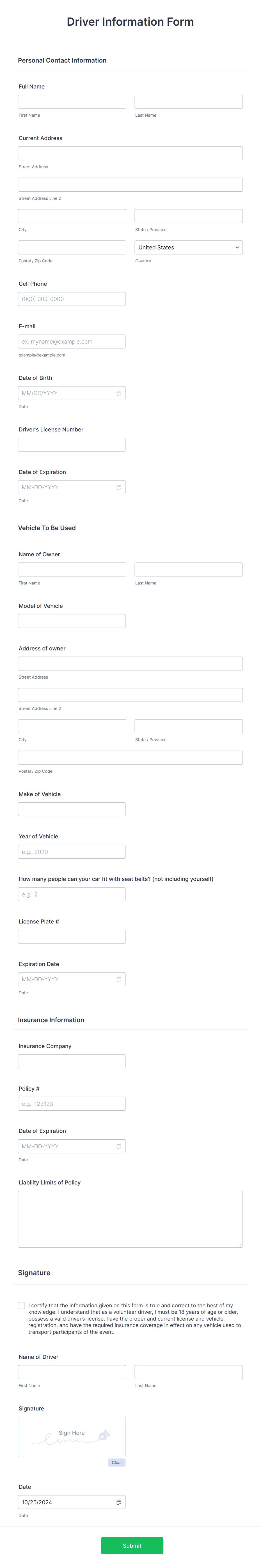 Driver Information Form Template | Jotform