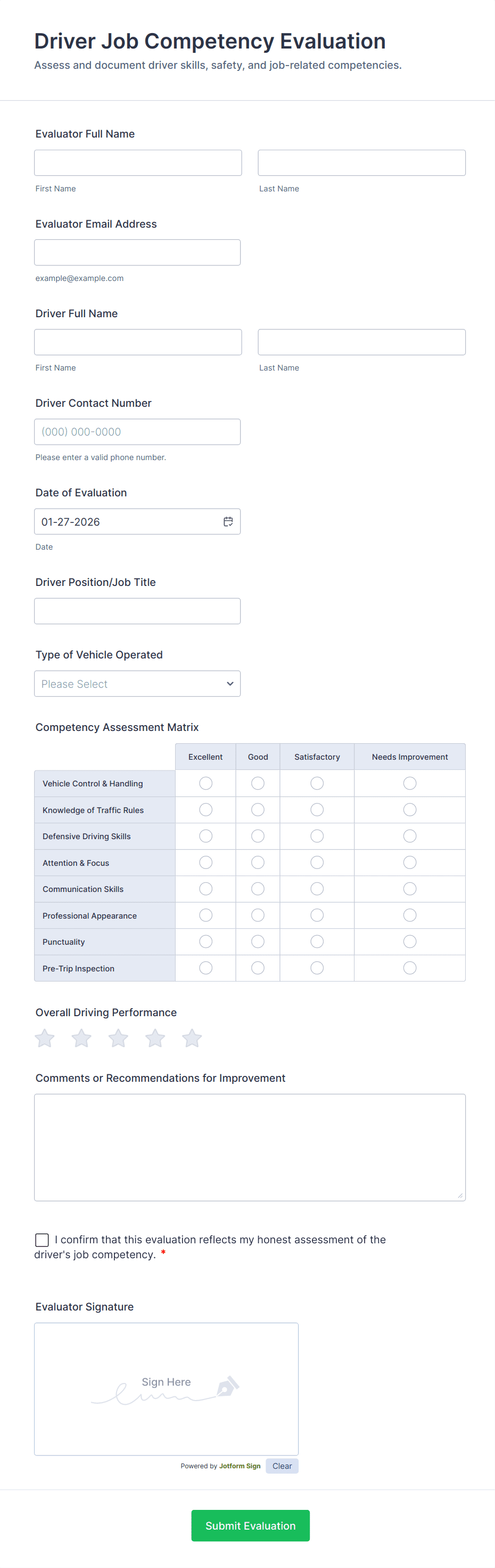 Driver Job Competency Evaluation Form Template | Jotform