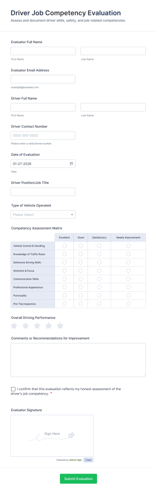 Driver Job Competency Evaluation Form Template | Jotform