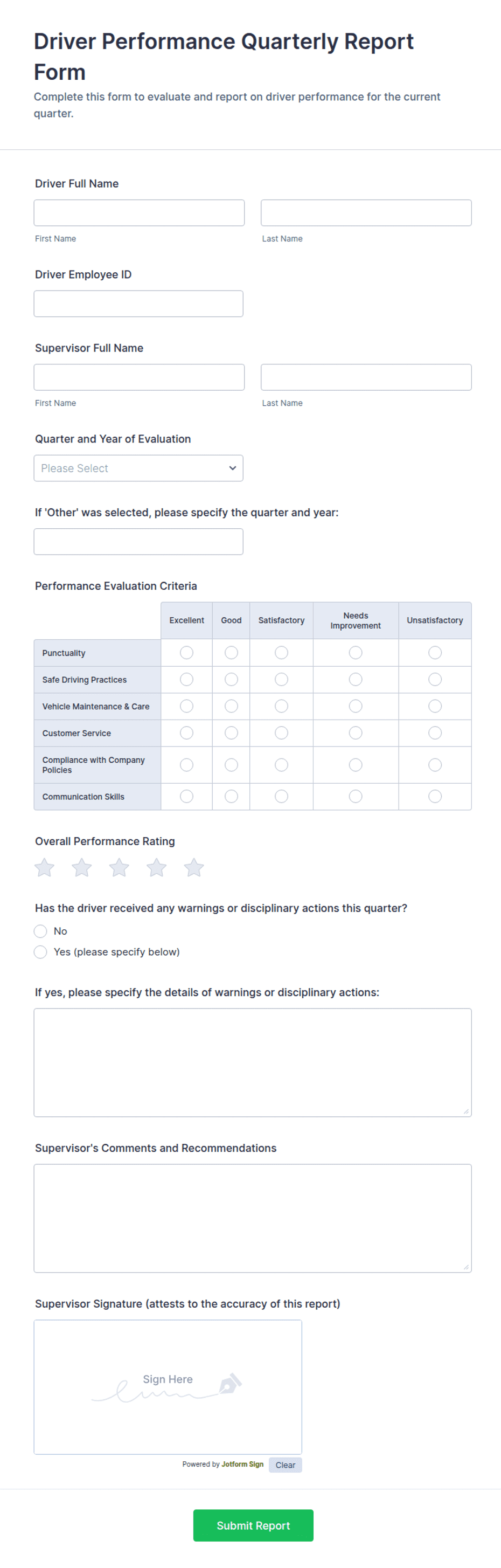 Driver Performance Quarterly Report Form Template | Jotform