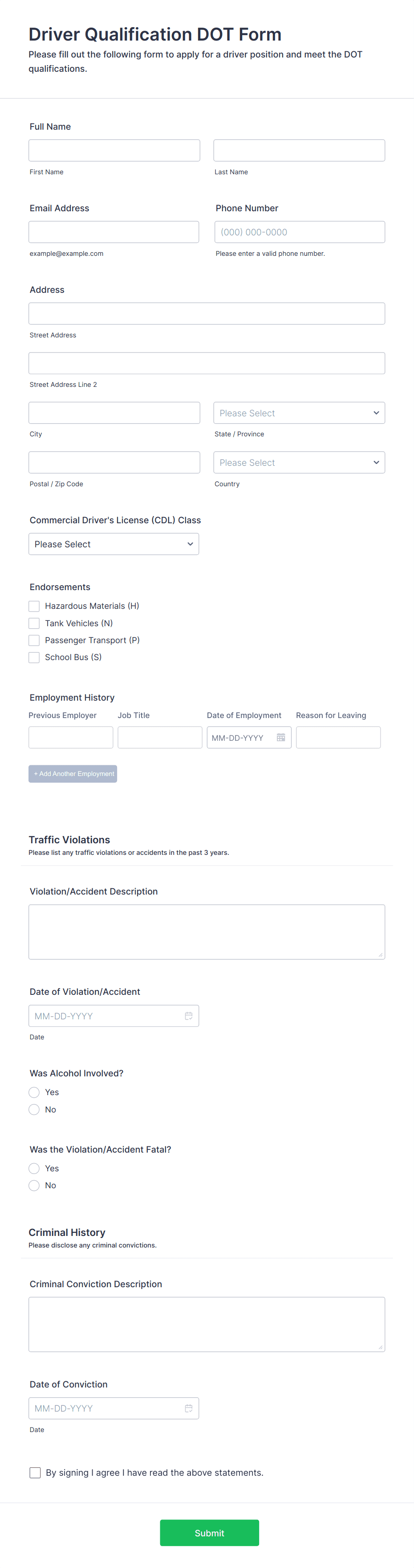 Driver Qualification DOT Form Template | Jotform