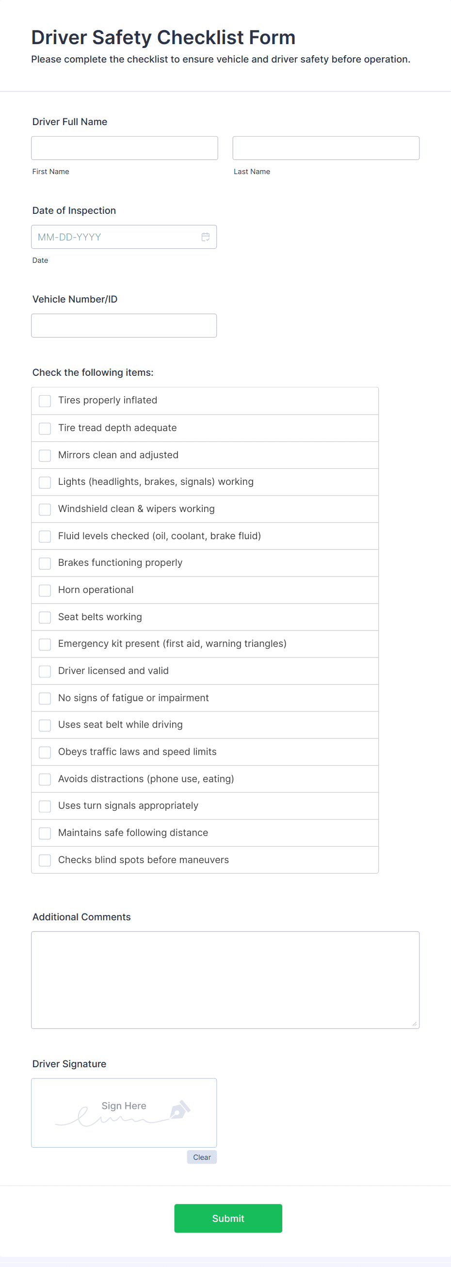 Driver Safety Checklist Form Template | Jotform