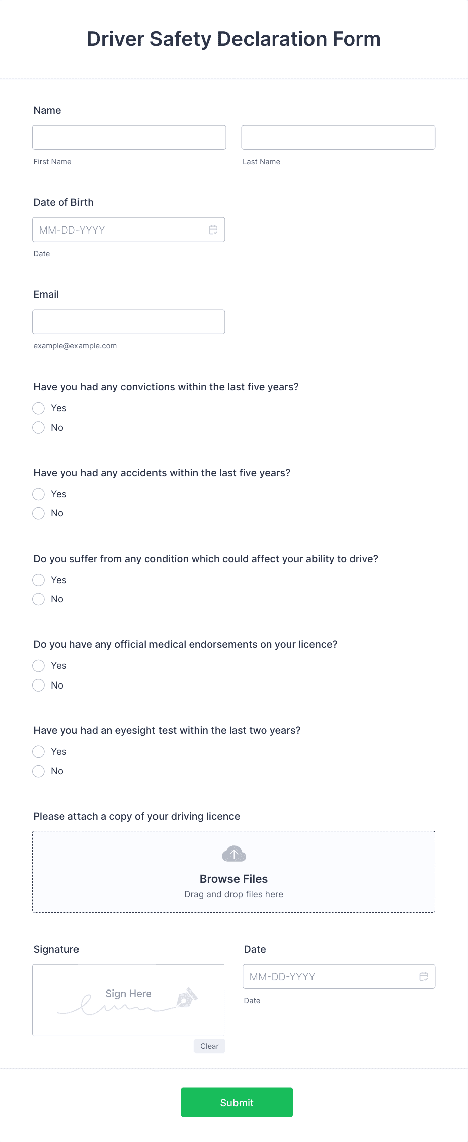 Driver Safety Declaration Form Template | Jotform
