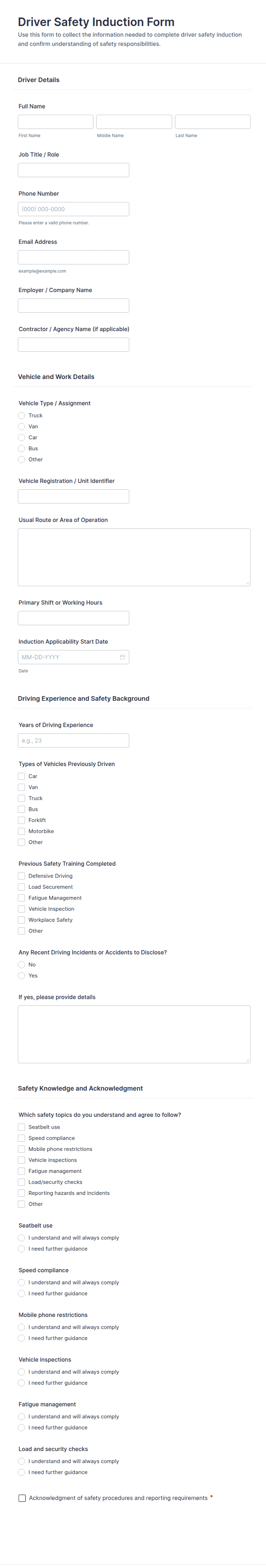 Driver Safety Induction Form Template | Jotform
