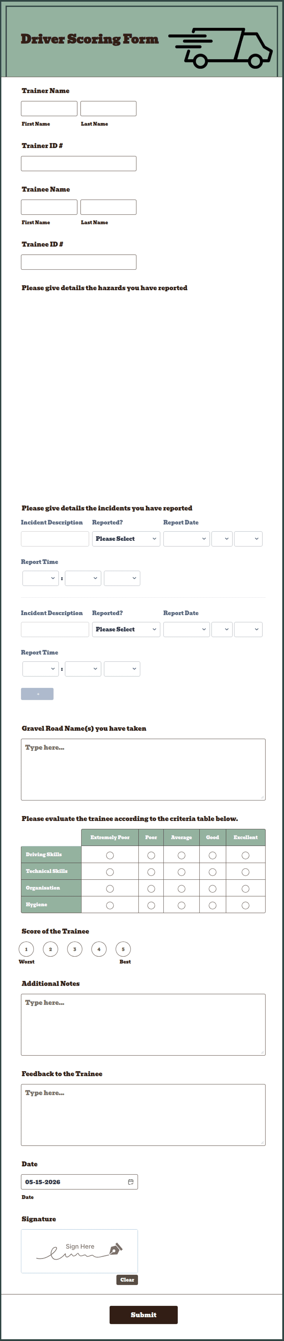 Driver Scoring Form Template | Jotform