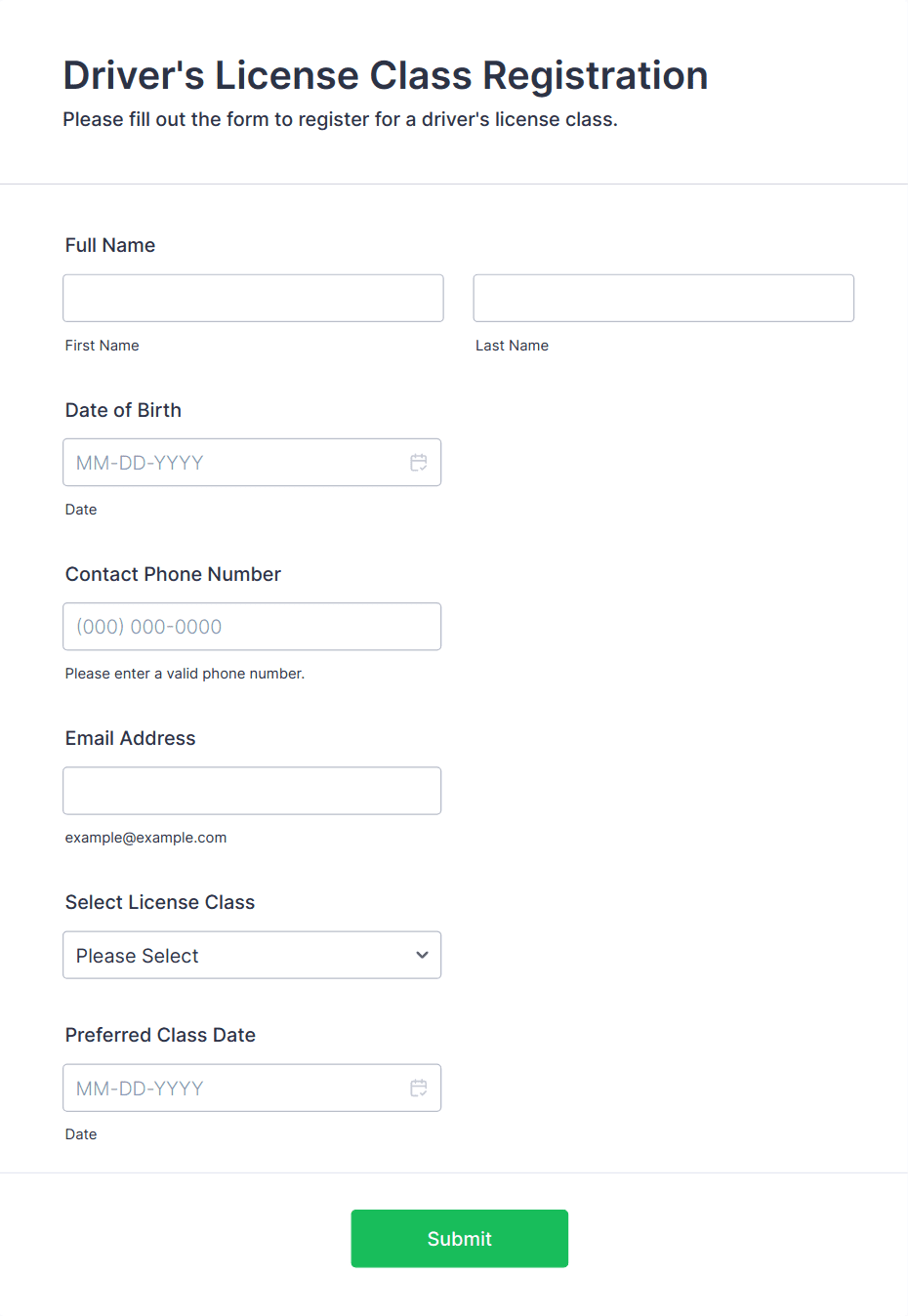 Driver's License Class Registration Form Template | Jotform