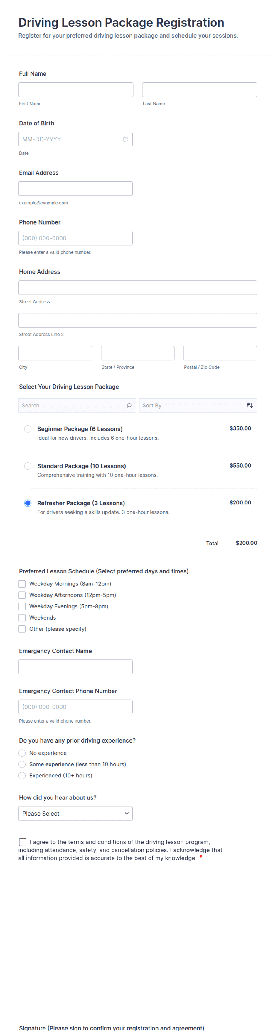 Driving Lesson Package Registration Form Template | Jotform