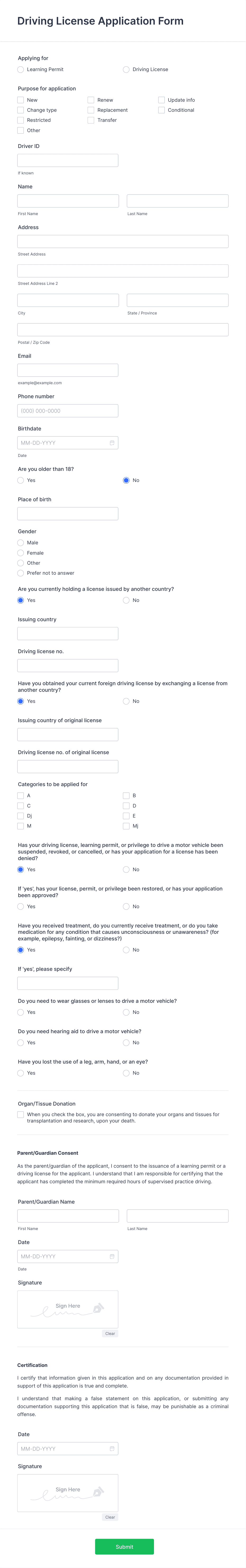 Driving License Application Form Template | Jotform