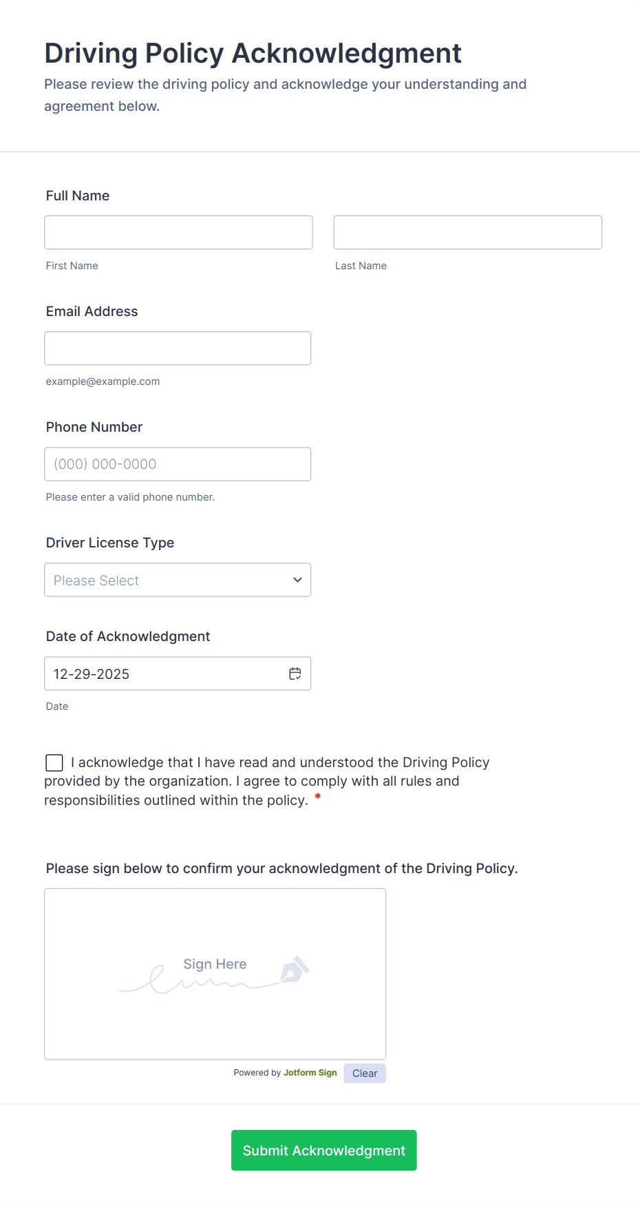 Driving Policy Acknowledgment Form Template | Jotform