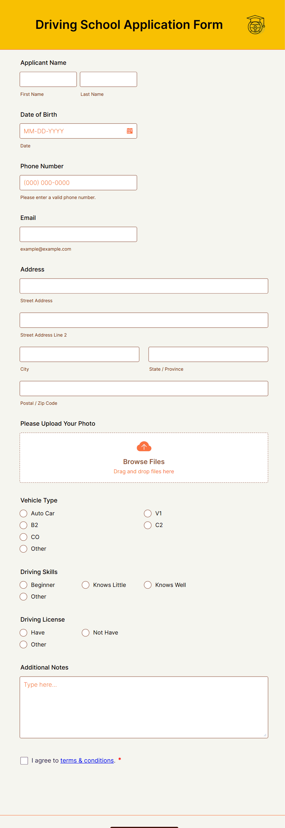 Driving School Application Form Template | Jotform