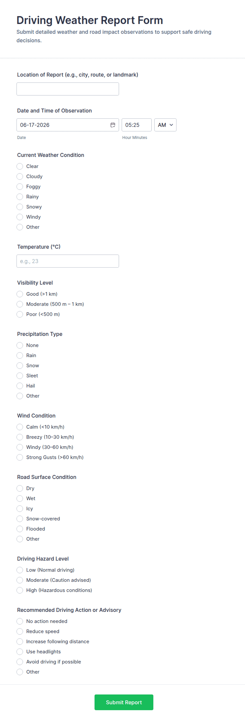 Driving Weather Report Form Template | Jotform