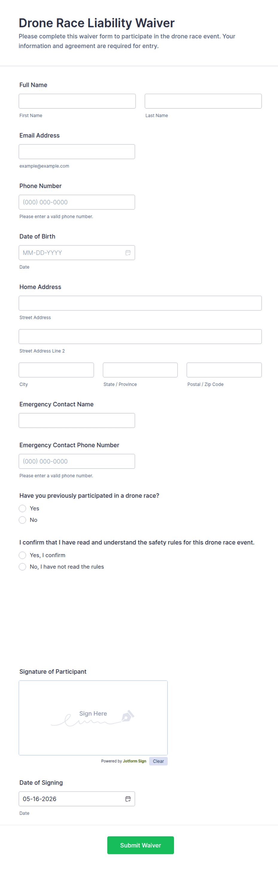 Drone Race Liability Waiver Form Template | Jotform