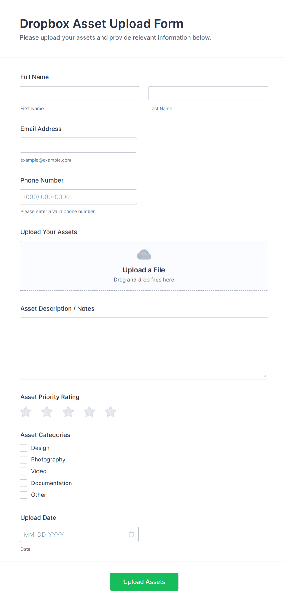 Dropbox Asset Upload Form Template | Jotform