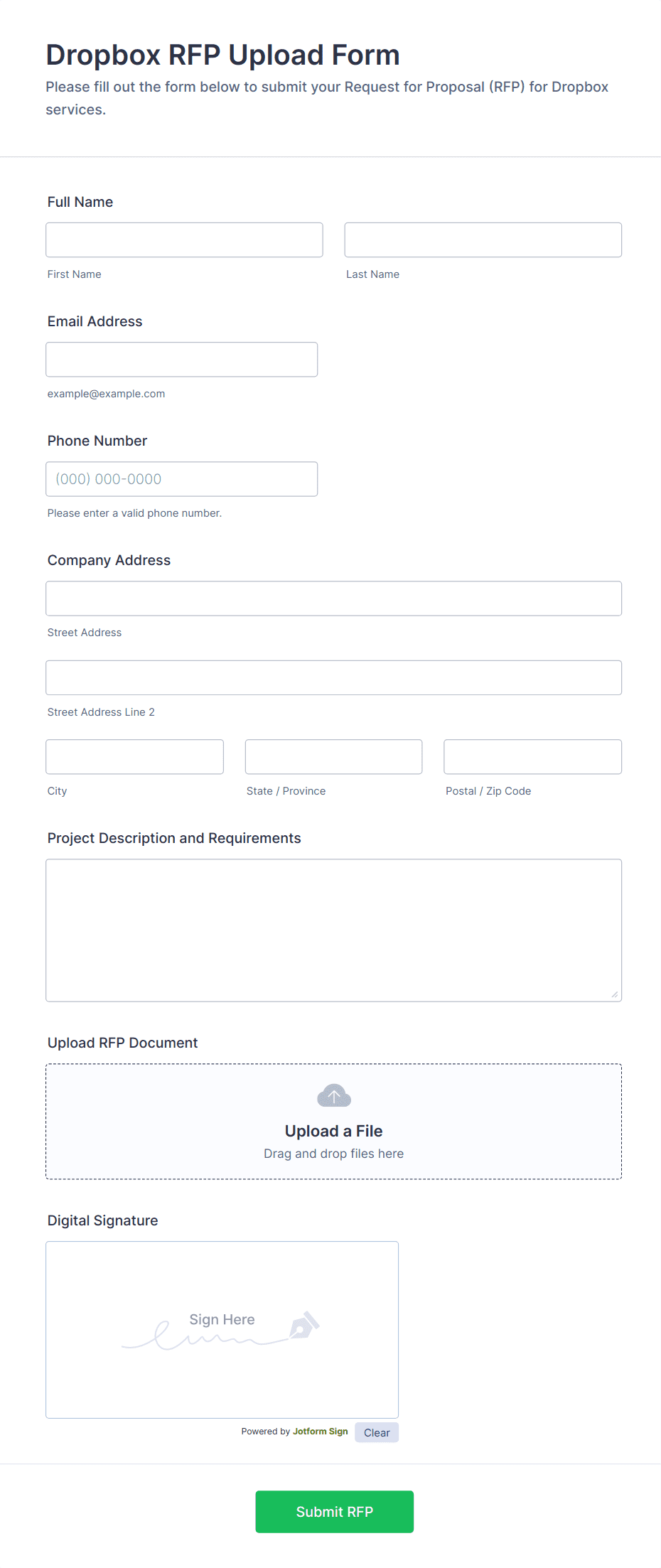Dropbox RFP Upload Form Template | Jotform