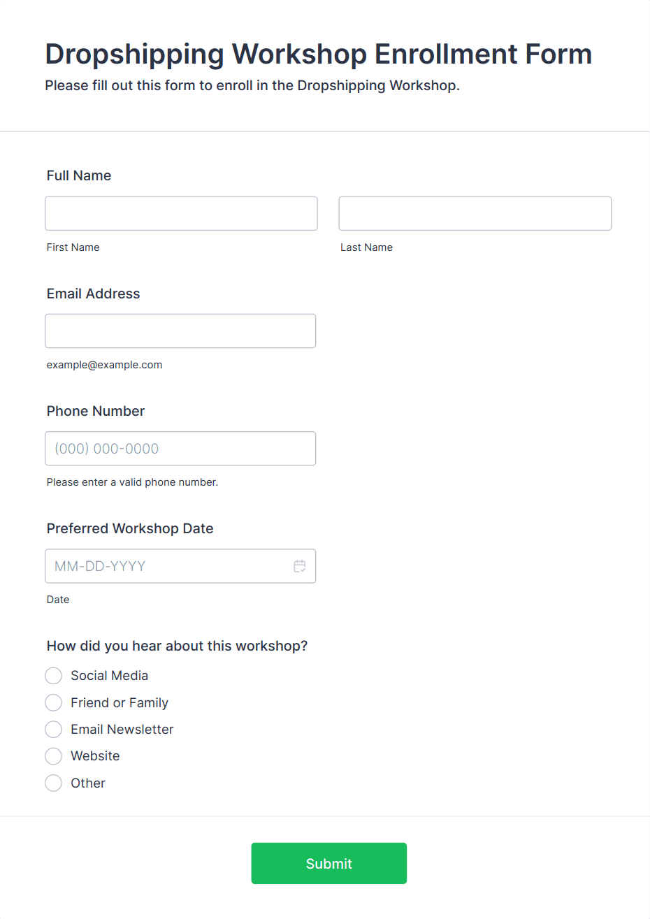Dropshipping Workshop Enrollment Form Template | Jotform