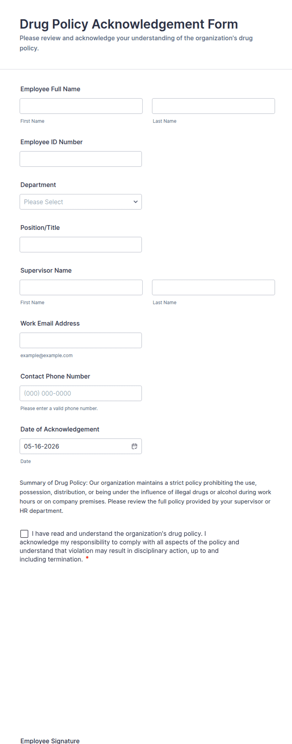 Drug Policy Acknowledgement Form Template | Jotform