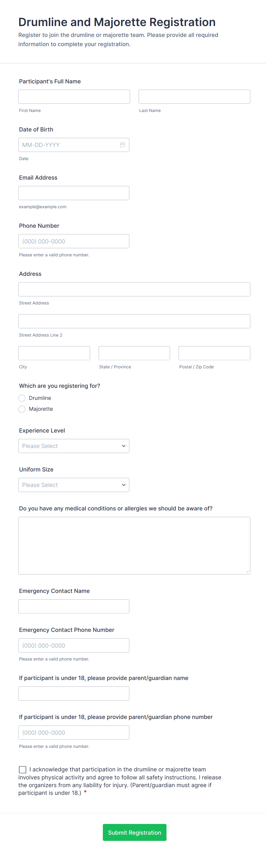 Drumline and Majorette Registration Form Template | Jotform